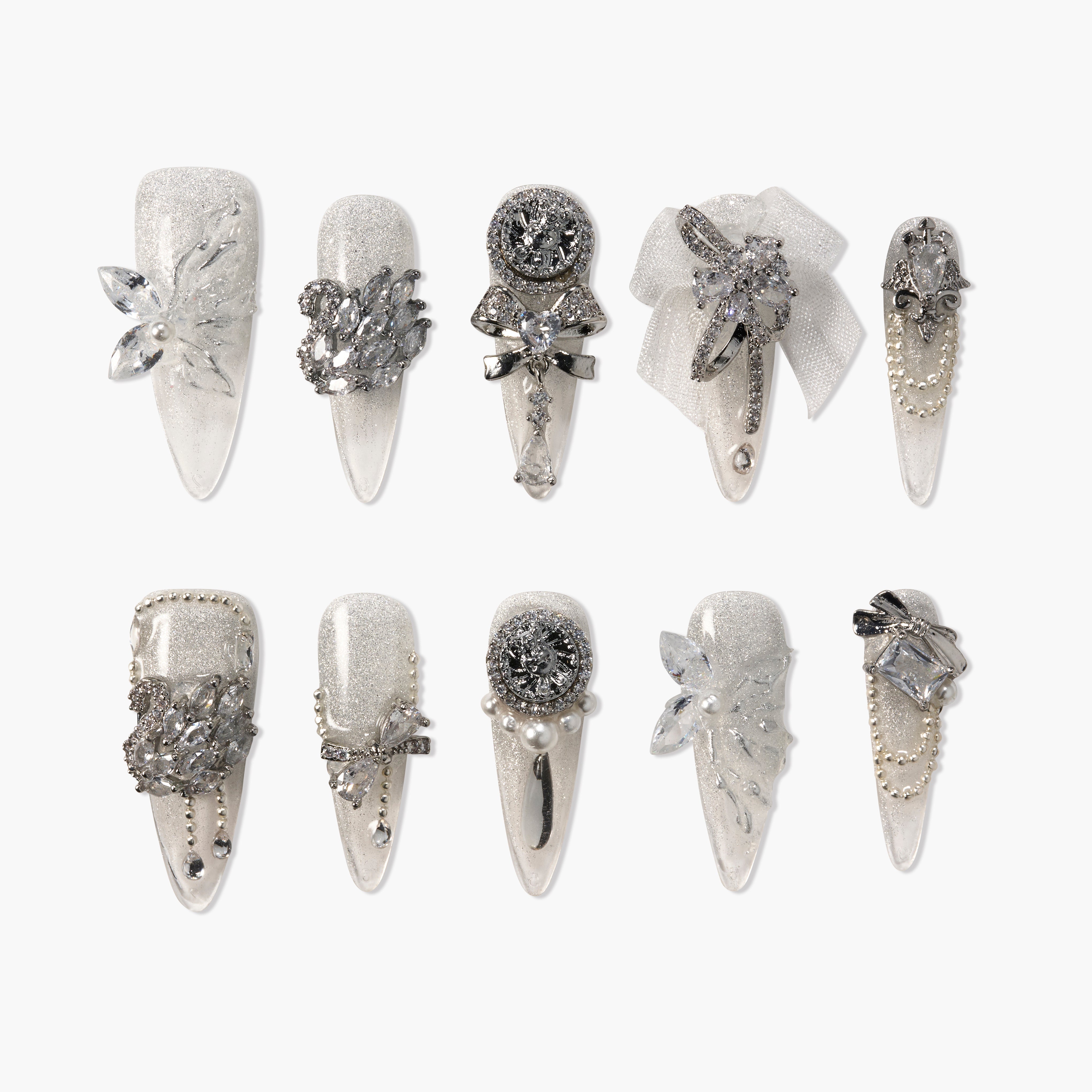Crystal Swan Gala Luxury Press-On Nails | Silver Crystal Nail Art ...